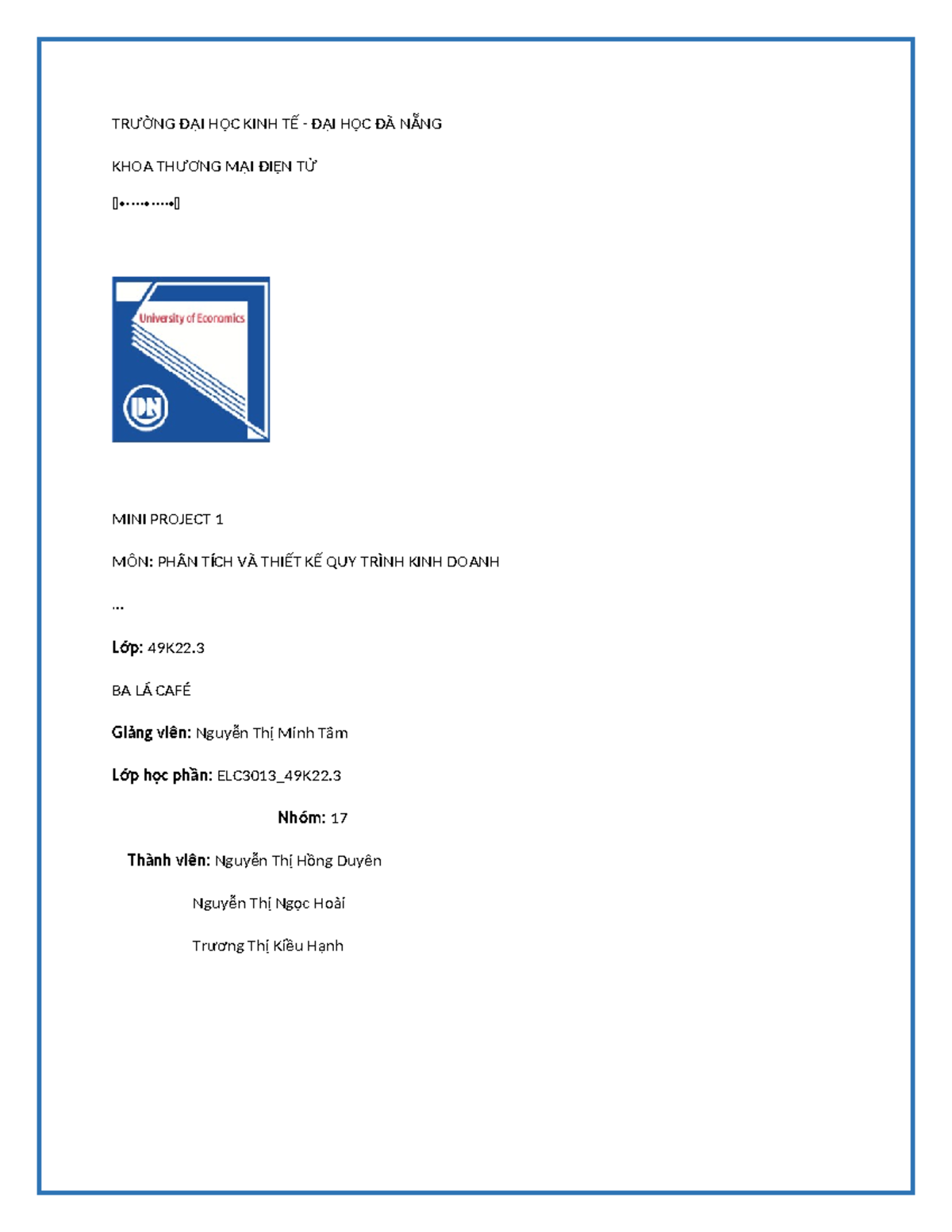 Phân Tích Thiết Kế Quy Trình Kinh Doanh - Mini Project ELC3013_49K22 ...