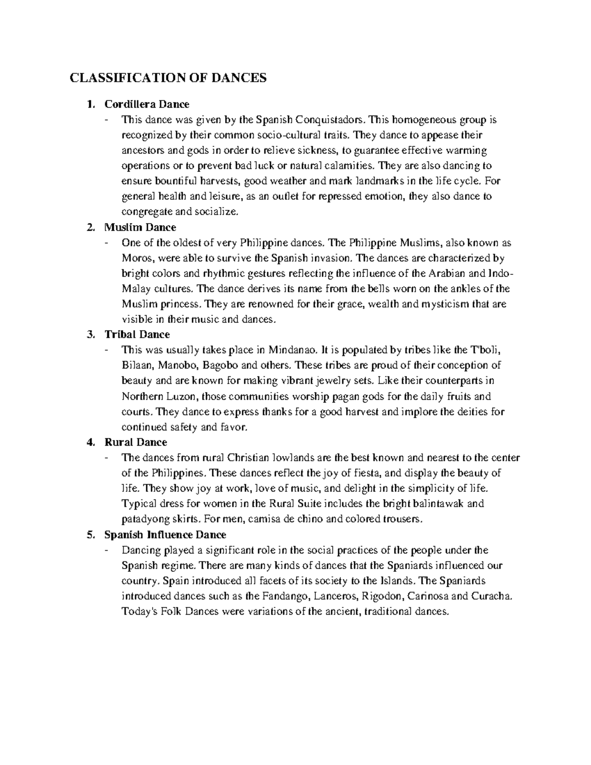 Classifications of Dances: Cultural Insights and Traditions - Studocu