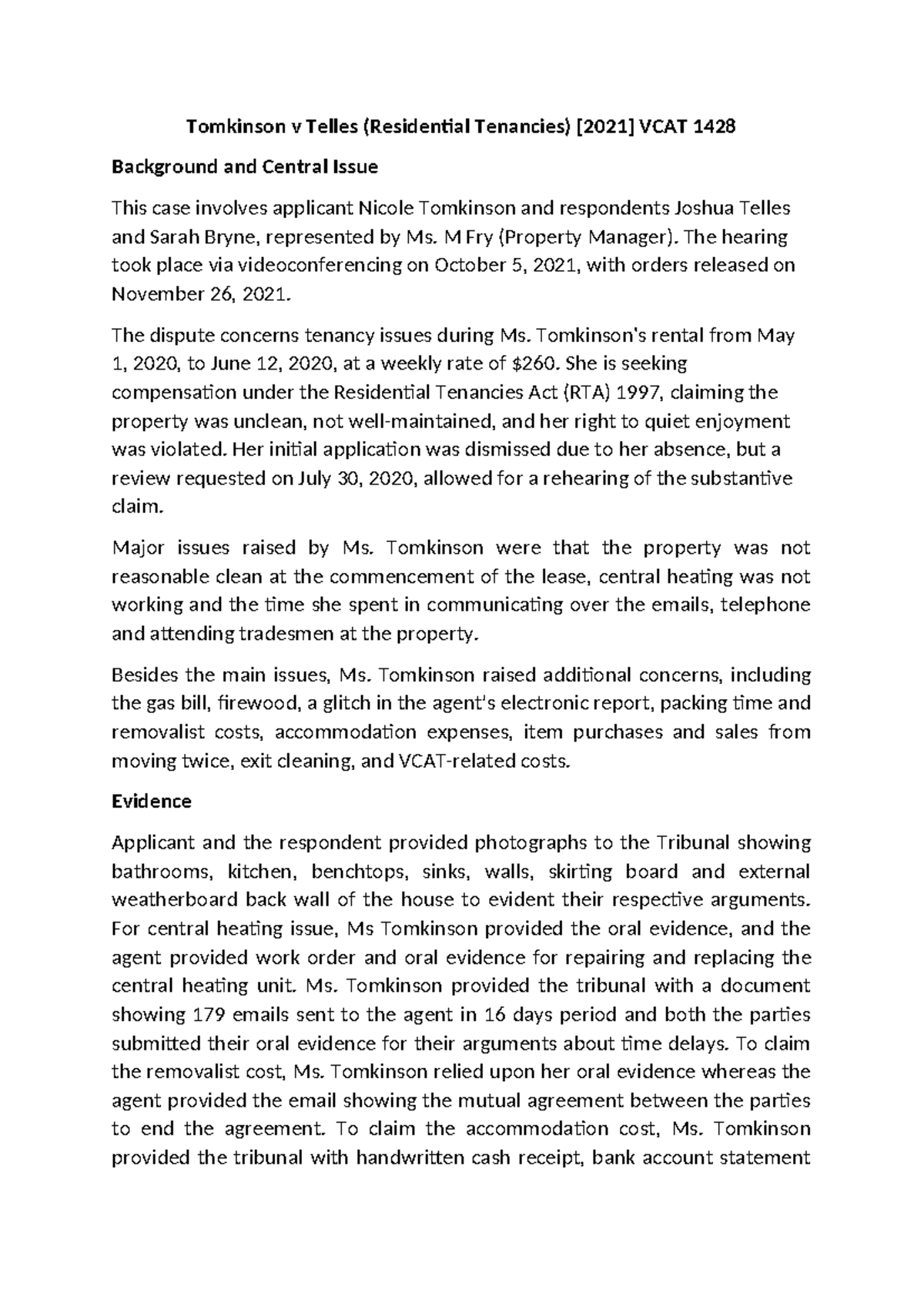 Tomkinson v Telles (Residential Tenancies) VCAT 1428: Case Analysis ...