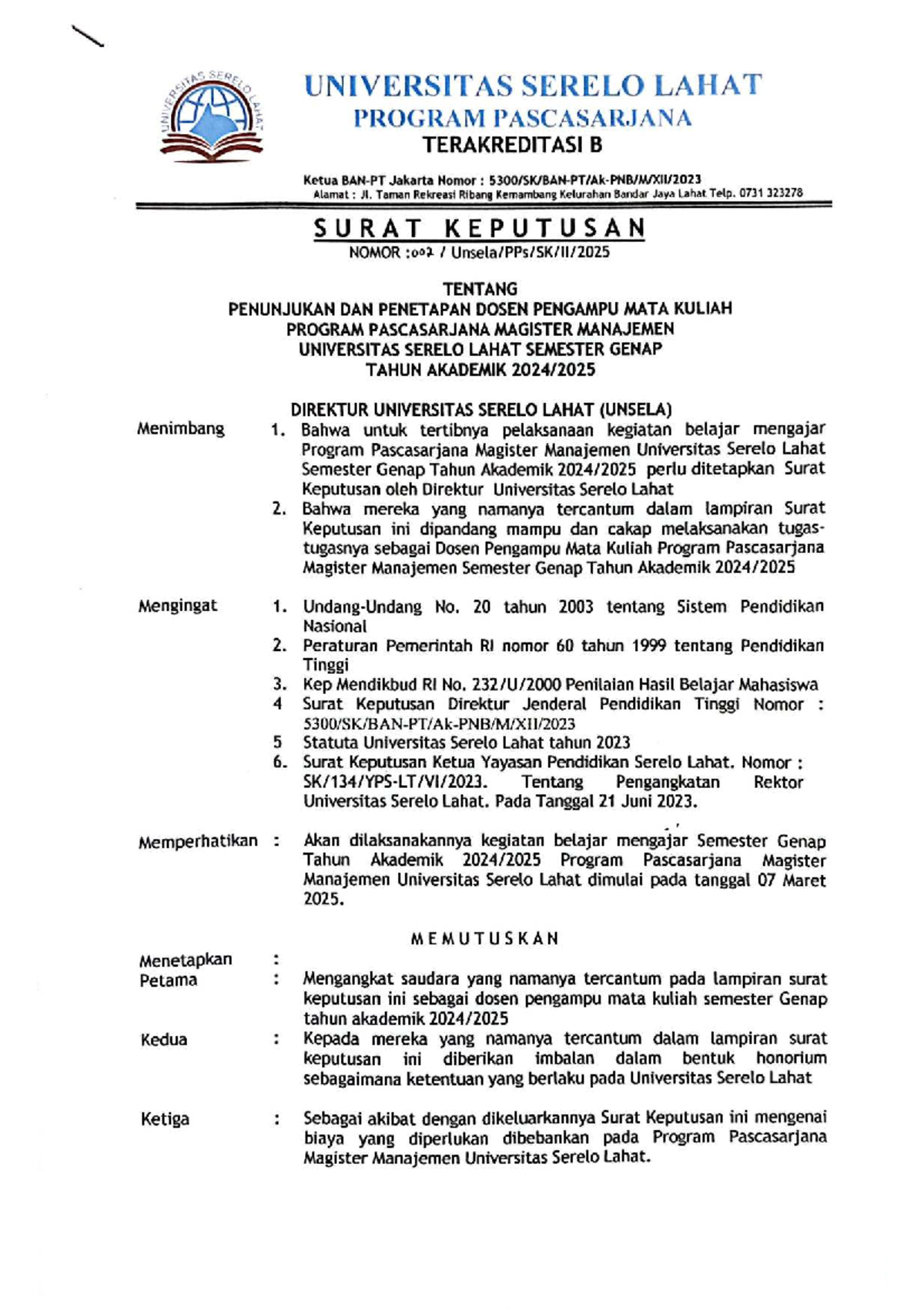 SK Dosen Pengampu Program Pascasarjana Manajemen Genap 2024/2025 - Studocu