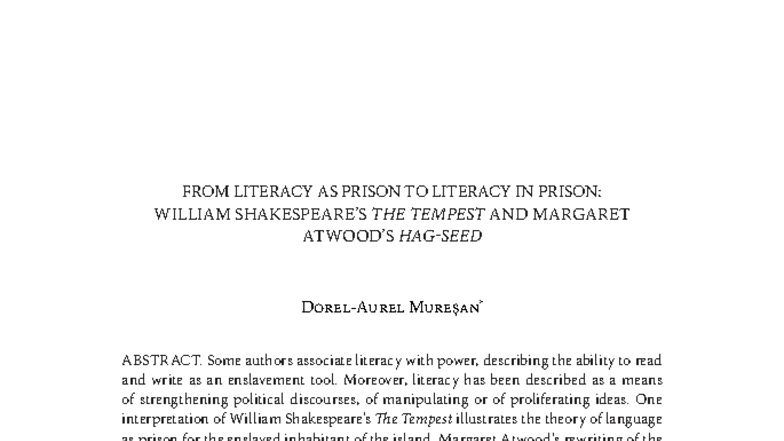 LIT 101: Literacy as Power in Shakespeare's The Tempest and Atwood's ...