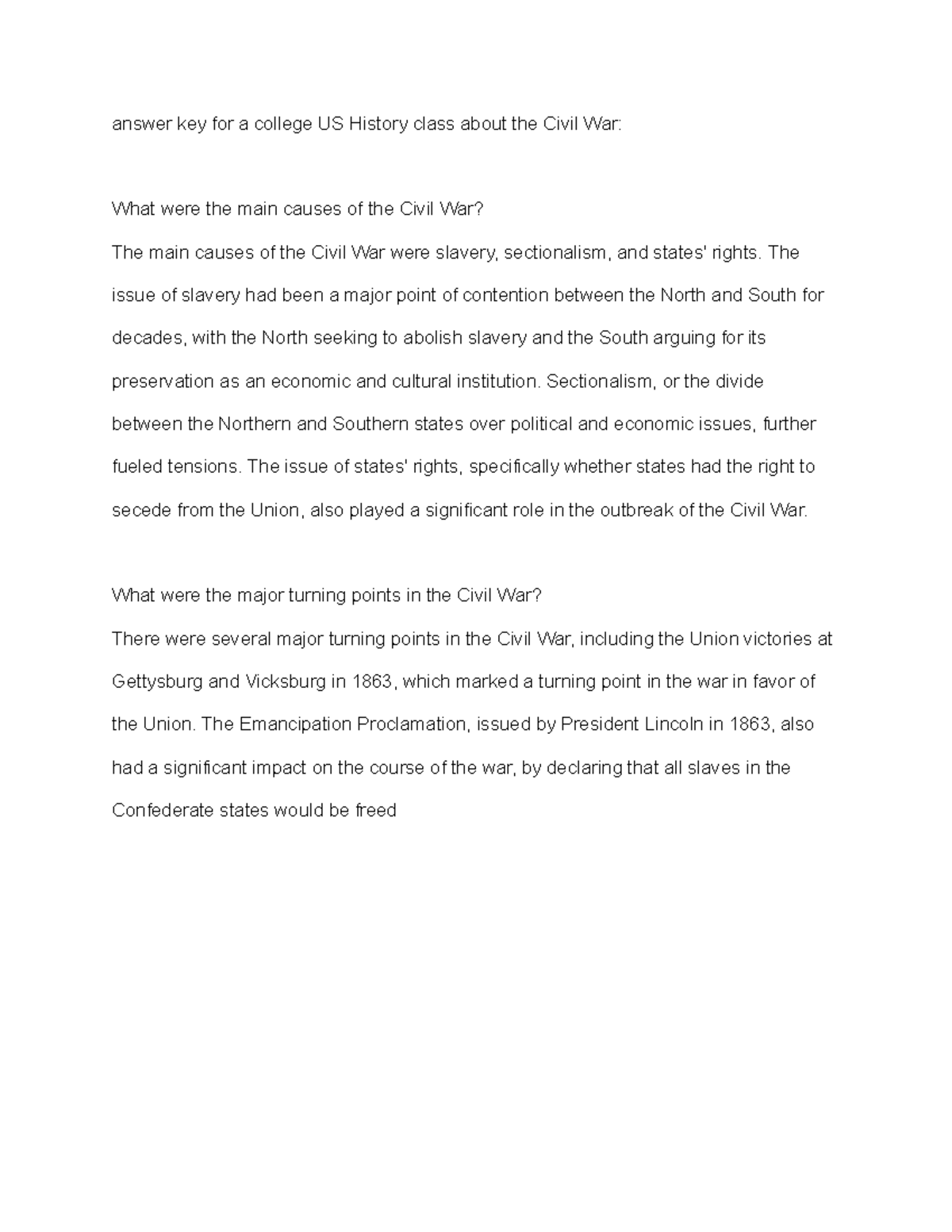 Answer key for a college US History class about the Civil War - The ...