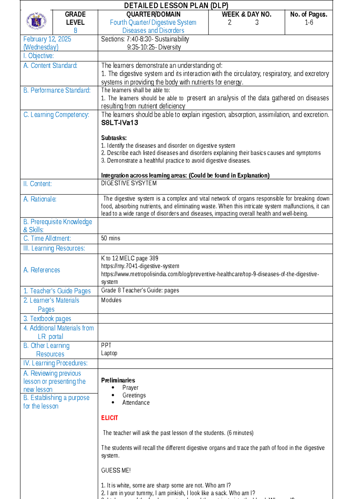 Digestive System Diseases and Disorders Lesson Plan (LP) - Studocu