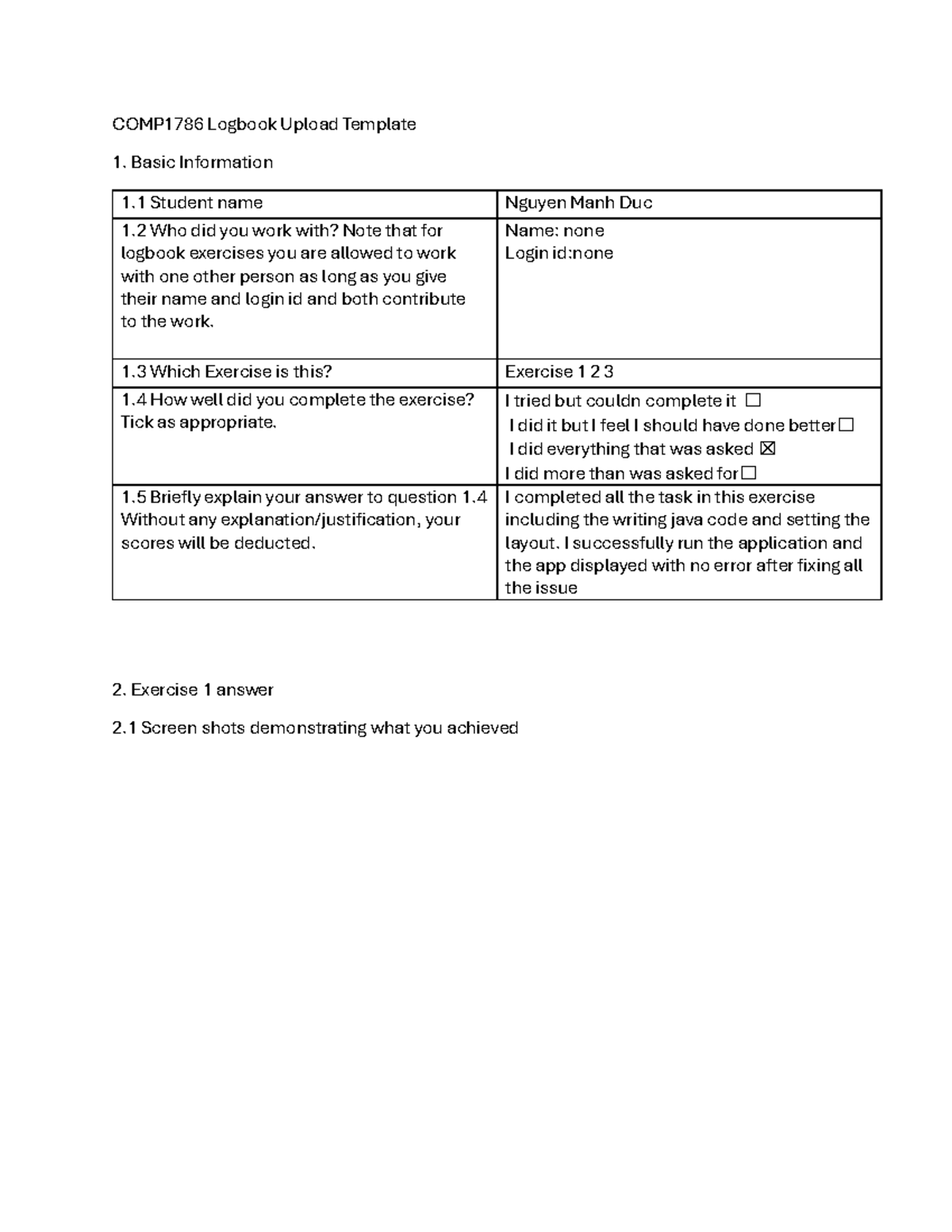 COMP1786 Logbook Upload Template for Android Exercises - Studocu