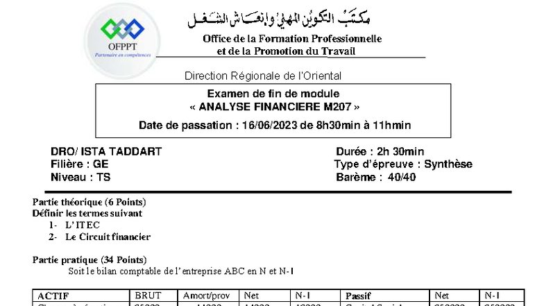 Analyse Financière EFM M207 - Examen de Fin de Module - Studocu