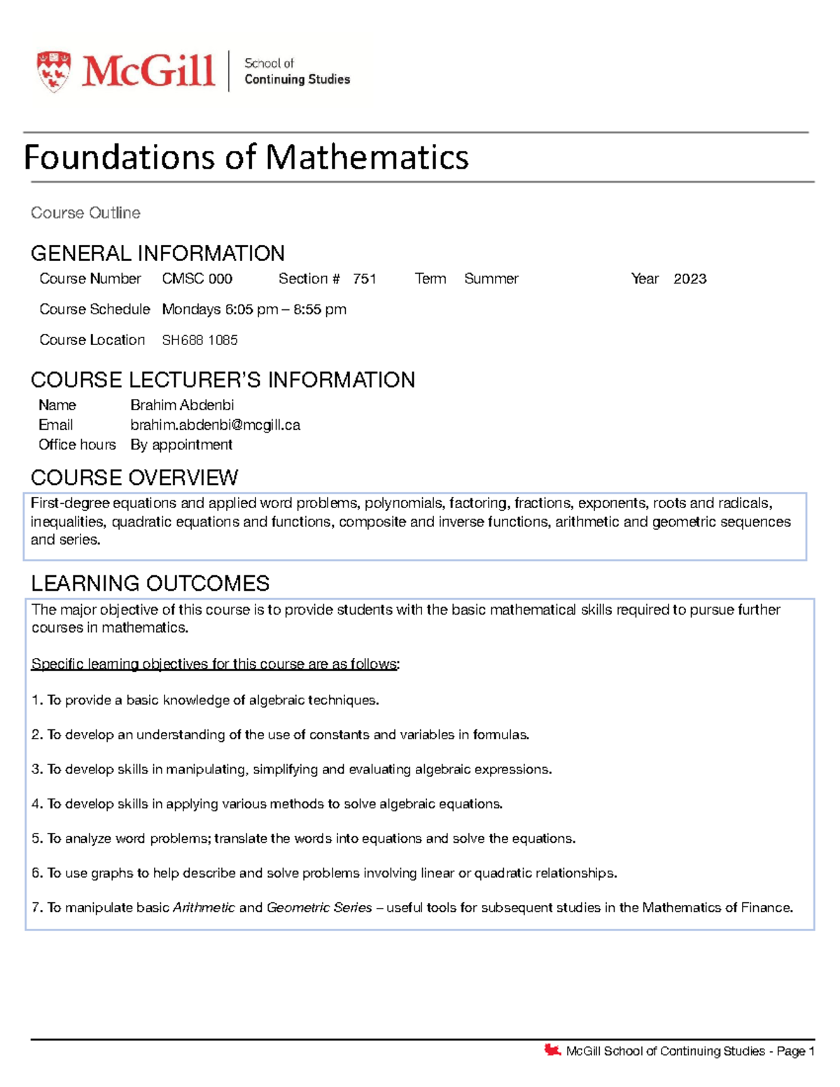 CMSC 000 S2023 Foundations of Mathematics Course Outline - Studocu