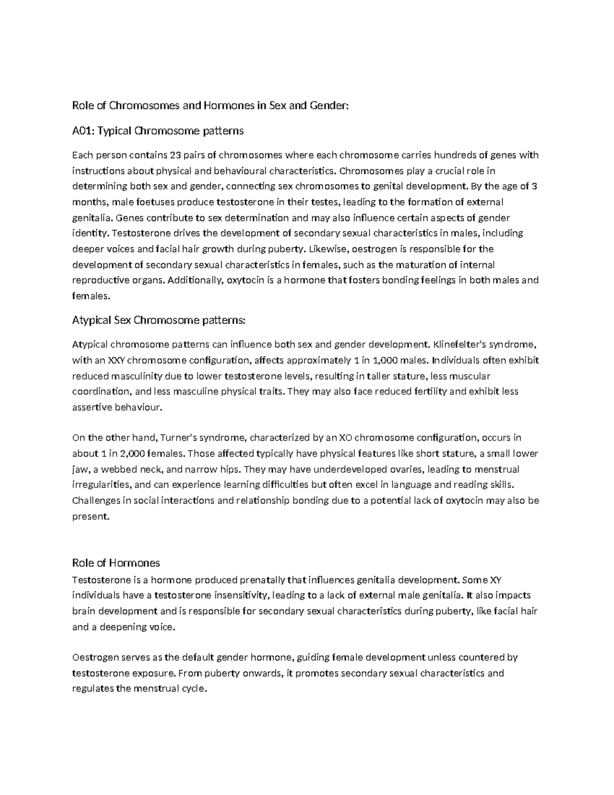 A01: Chromosomes and Hormones in Sex and Gender Dynamics - Studocu