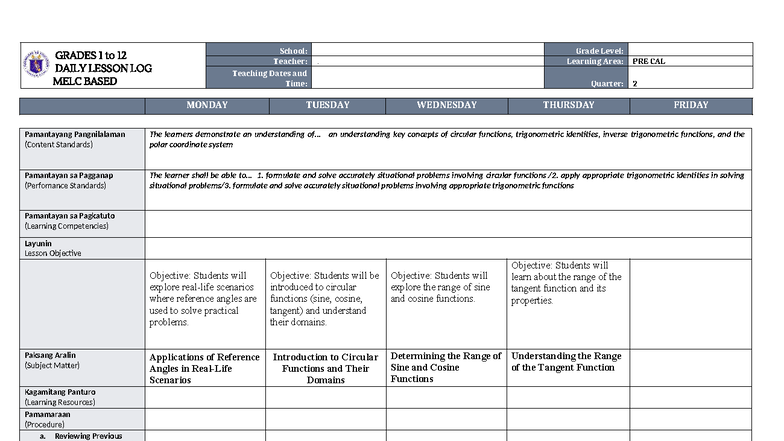 WEEK 7 - DAILY LESSON LOG (DLL) FOR MATH 9: CIRCULAR FUNCTIONS - Studocu