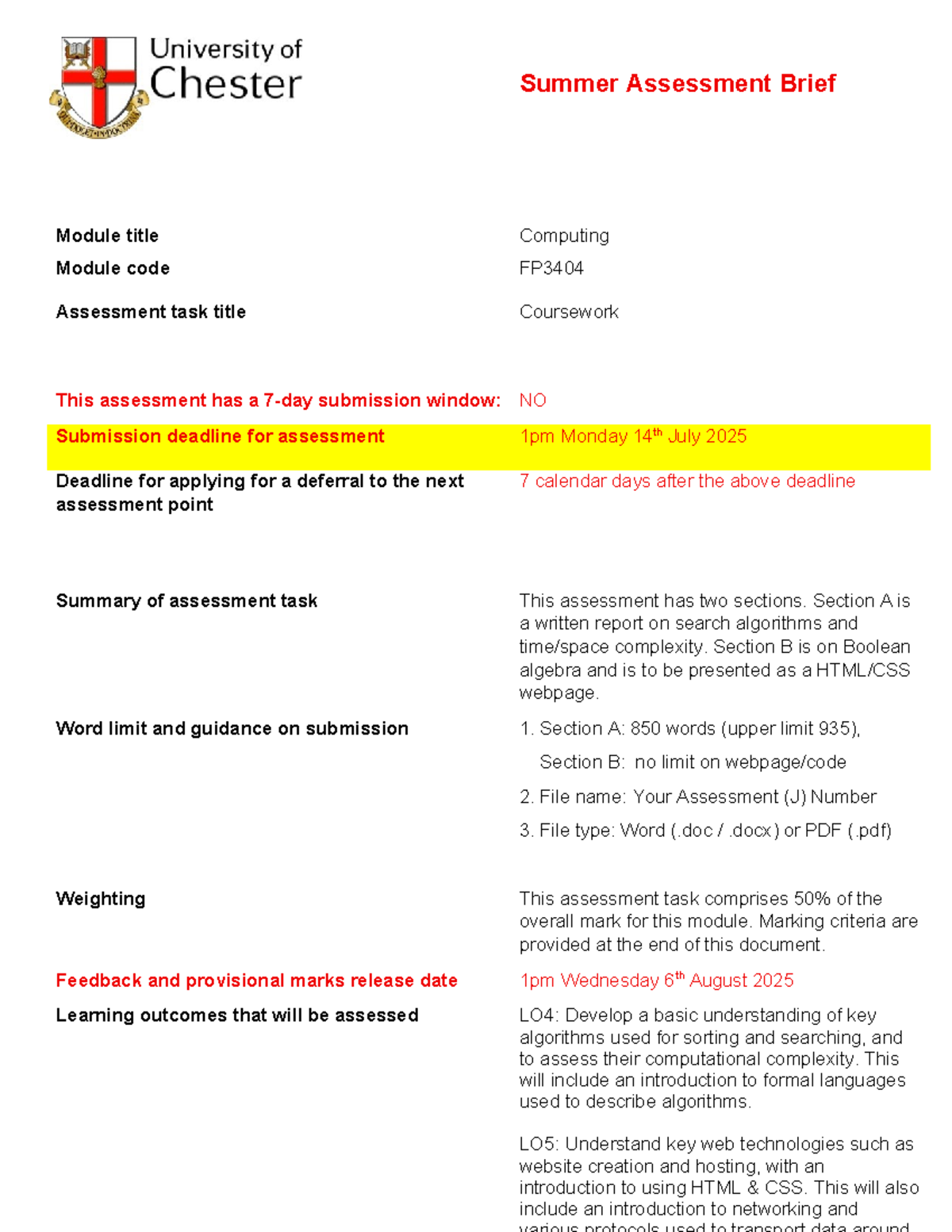 FP3404 Computing Coursework: Summer Assessment Brief 2025 - Studocu