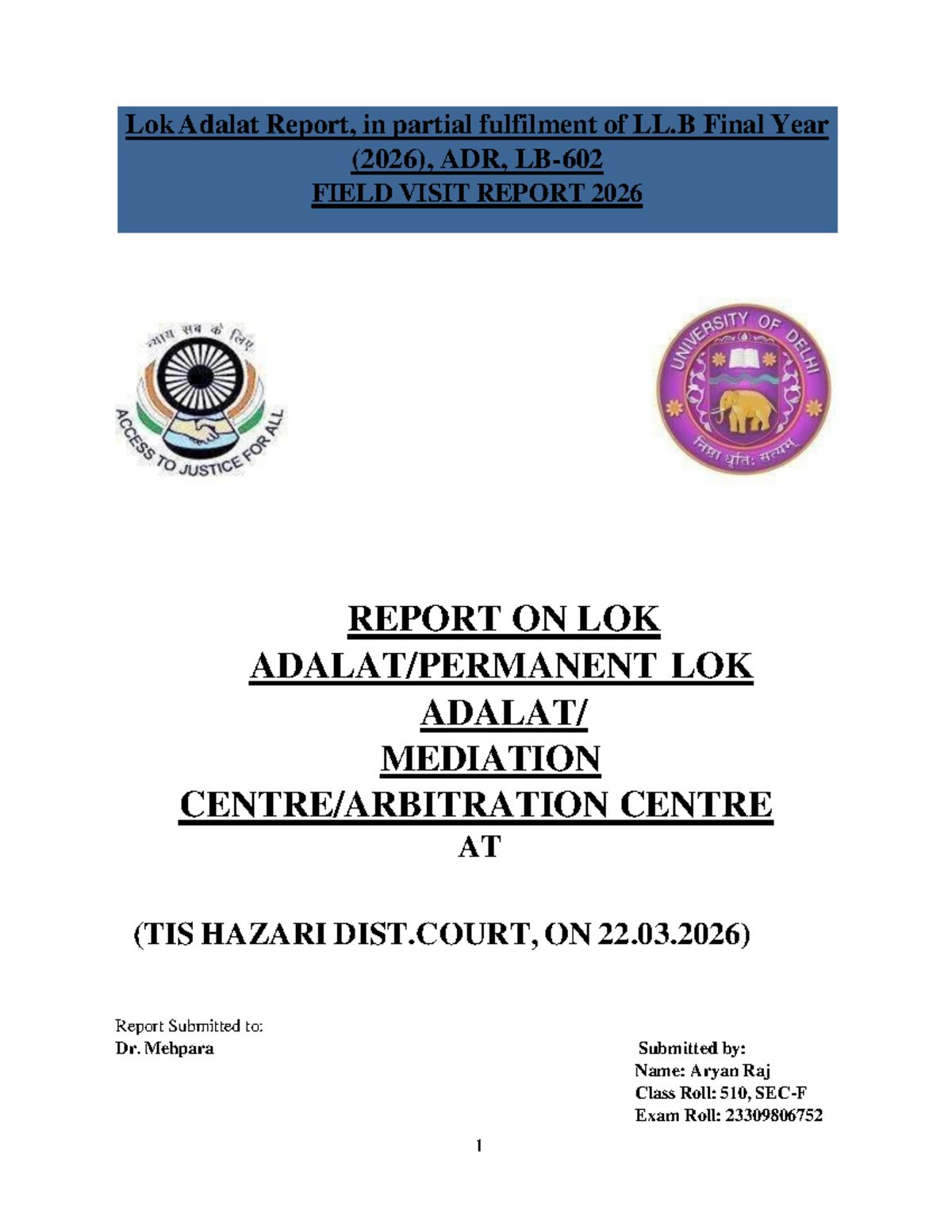Lok Adalat Field Visit Report - LL.B Final Year (2026) - Studocu
