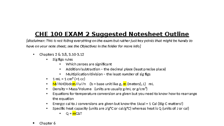 CHE 100 Exam 2 Suggested Notesheet Outline & Key Points - Studocu
