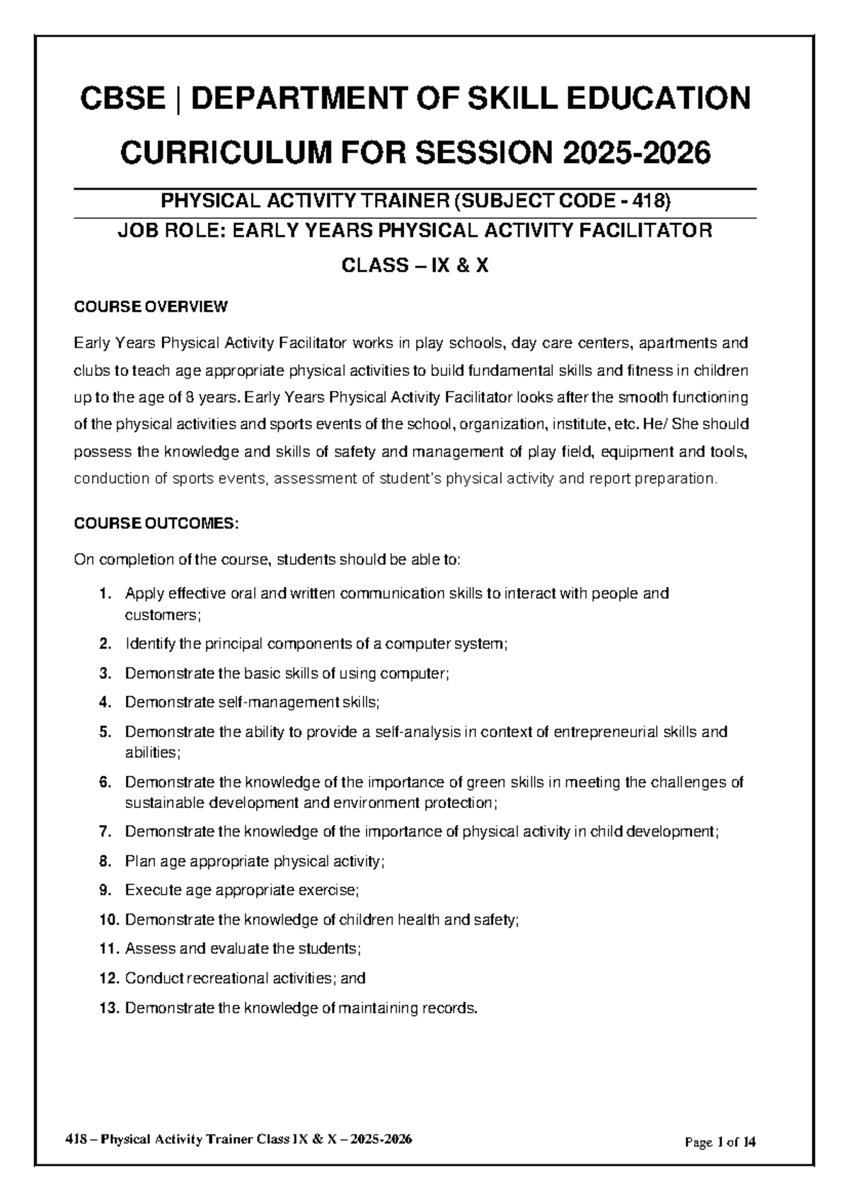 CBSE Curriculum for Physical Activity Trainer (Subject Code 418 ...