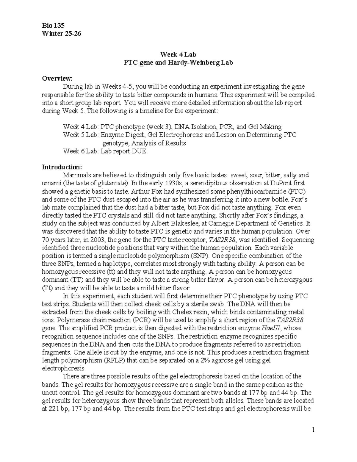 Bio 135 W26 Week 4 Lab: PTC Gene Experiment Overview - Studocu