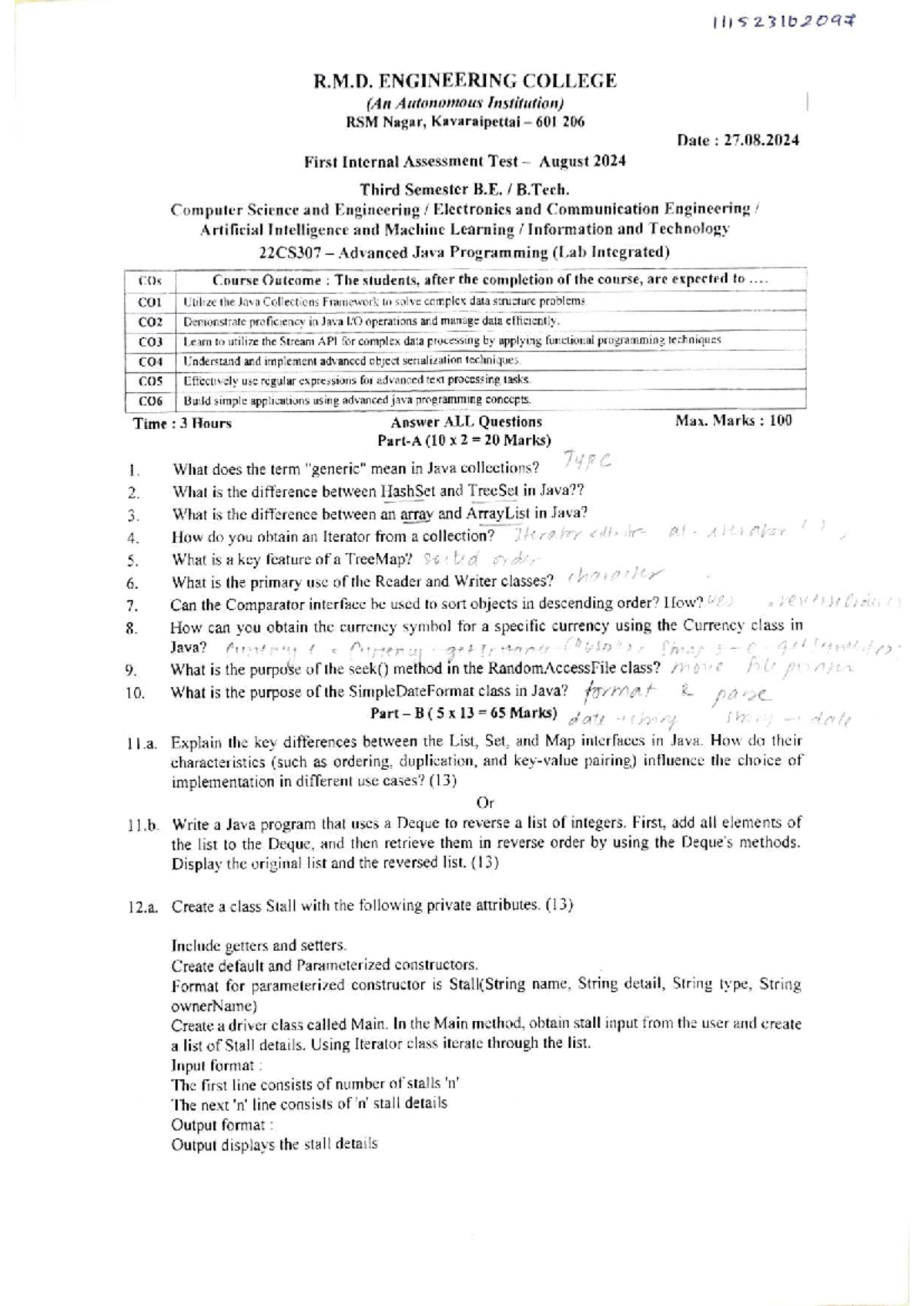 22CS307 Advanced Java Programming - Internal Assessment Test August ...