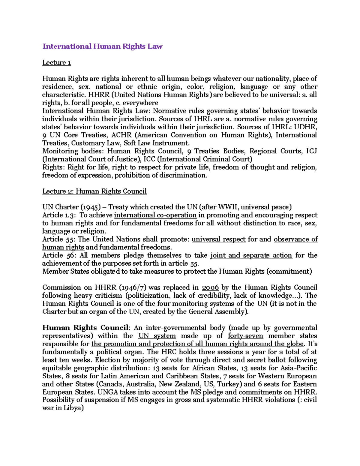 Lecture Notes - Int'l Human Rights Law (IHRL) - Key Concepts ...