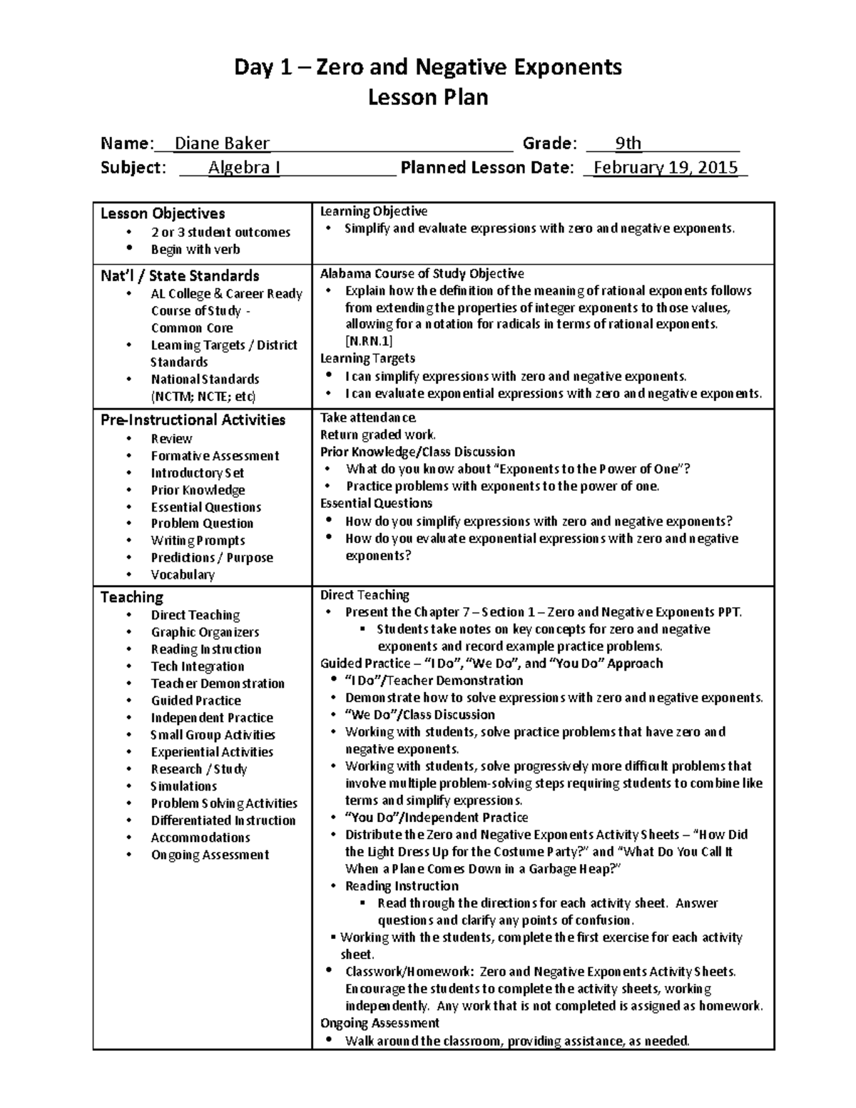 Day 1 - zero and negative exponents lesson plan - Day 1 – Zero and ...