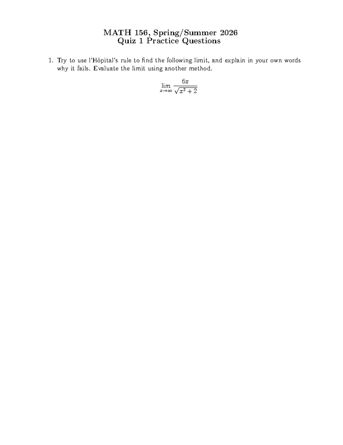MATH 156 Quiz 1 - In-Class Practice Questions and Limits - Studocu