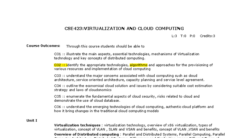 CSE423: Virtualization & Cloud Computing Course Overview and Outcomes - Studocu