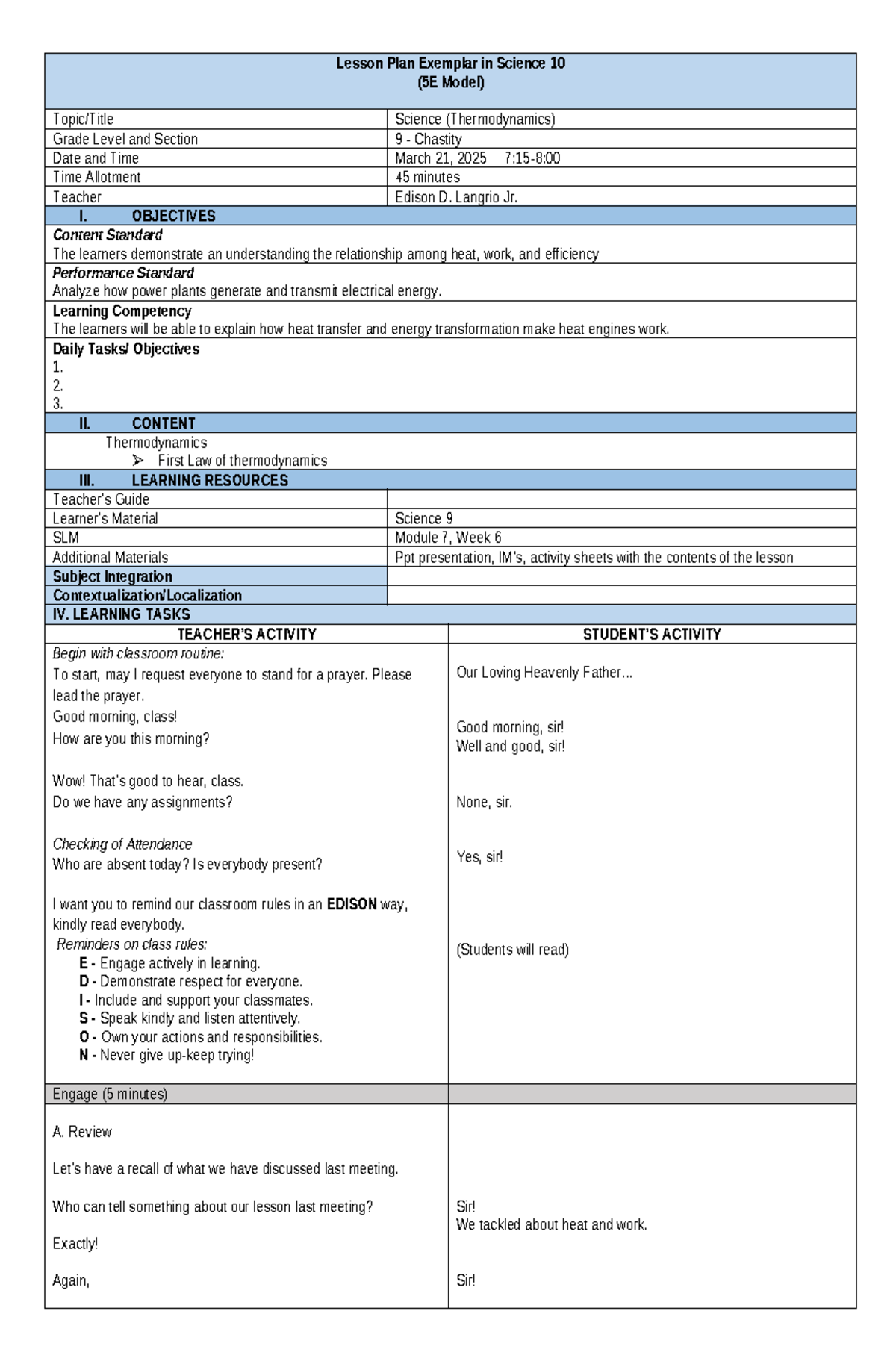 Grade 9 Science Lesson Plan: Thermodynamics (5E Model) - Studocu