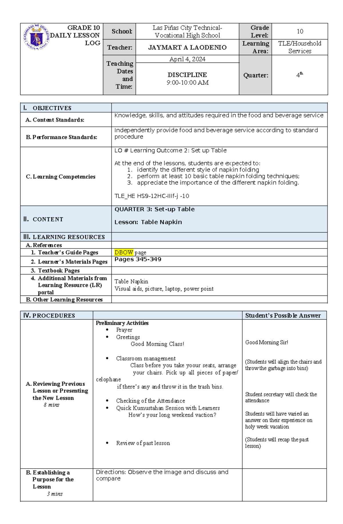 DLP-Table Napkin - GRADE 10 DAILY LESSON LOG School: Las Piñas City ...