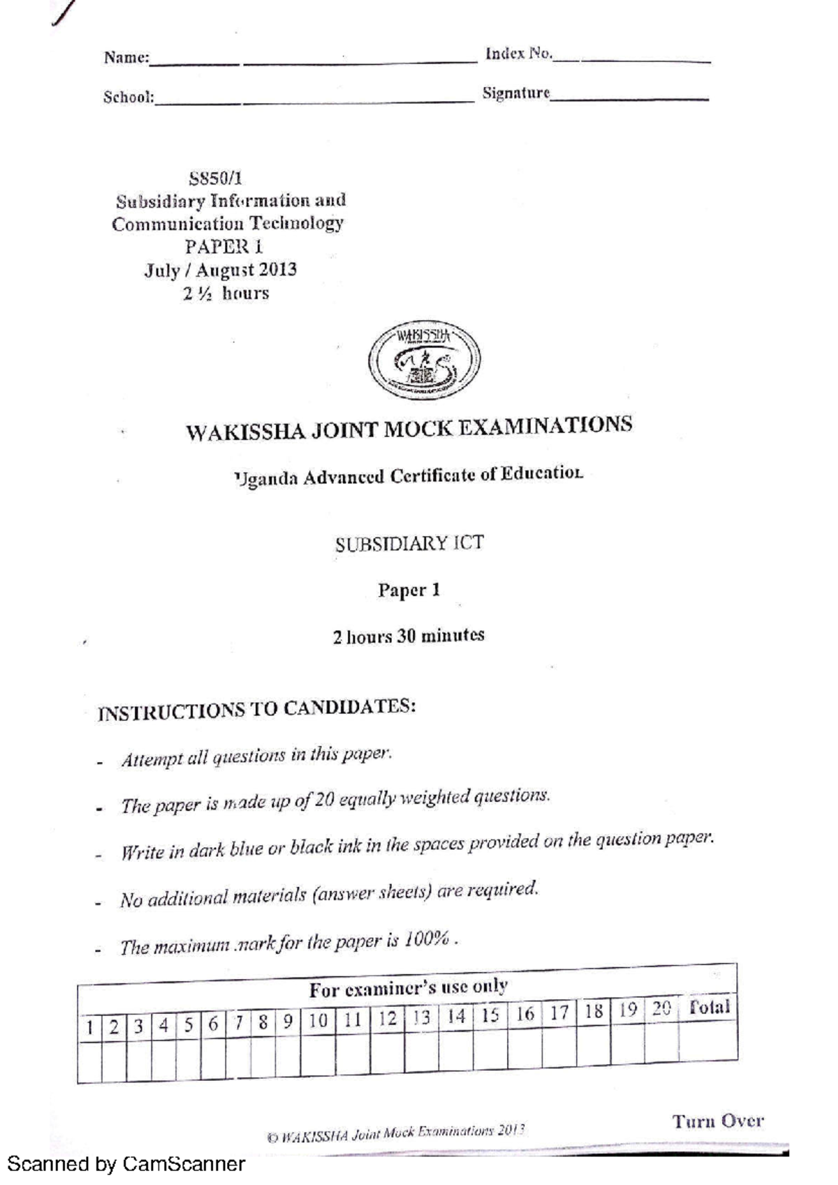 UACE Subsidiary ICT Paper 1 & 3 Past Exam Papers (July-August 2013-2014 ...