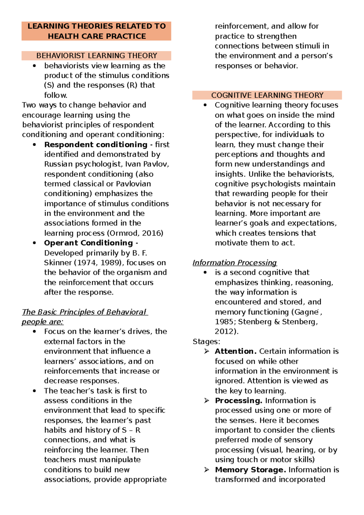HE 101: Learning Theories in Health Care Practice - Studocu