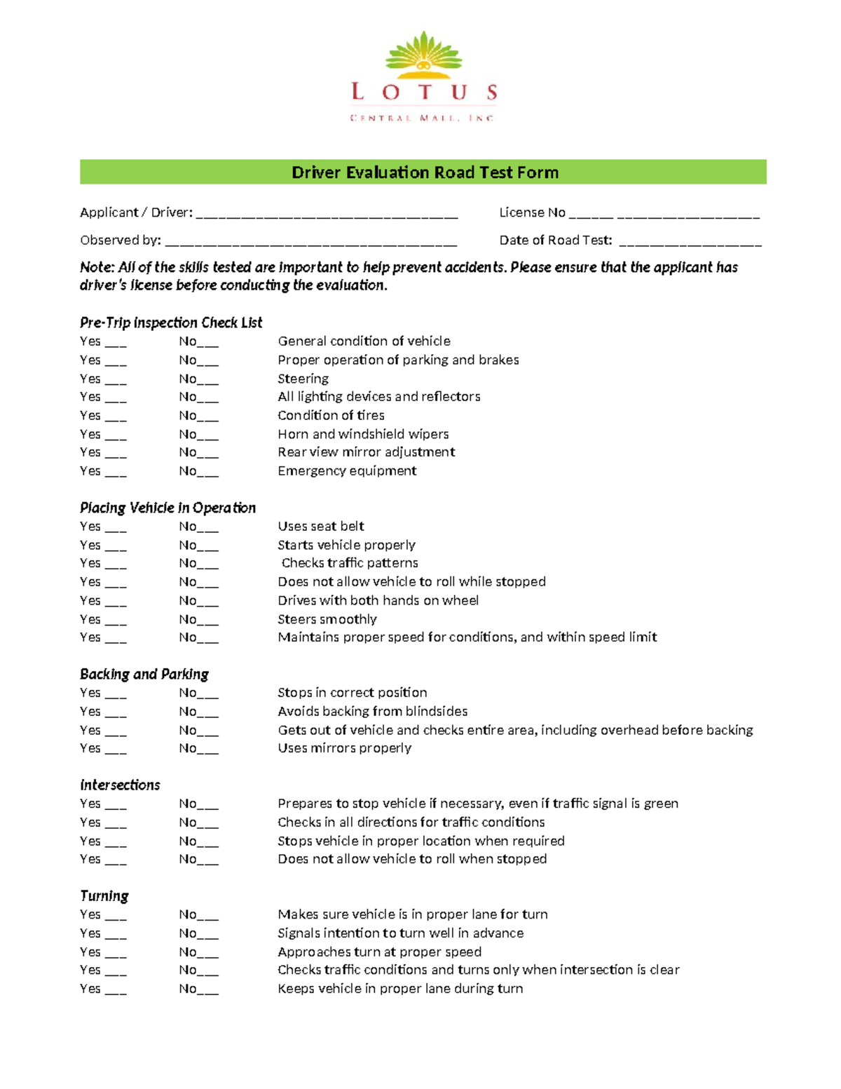 Driver Evaluation Road Test Form: Skills and Checklist Evaluation - Studocu