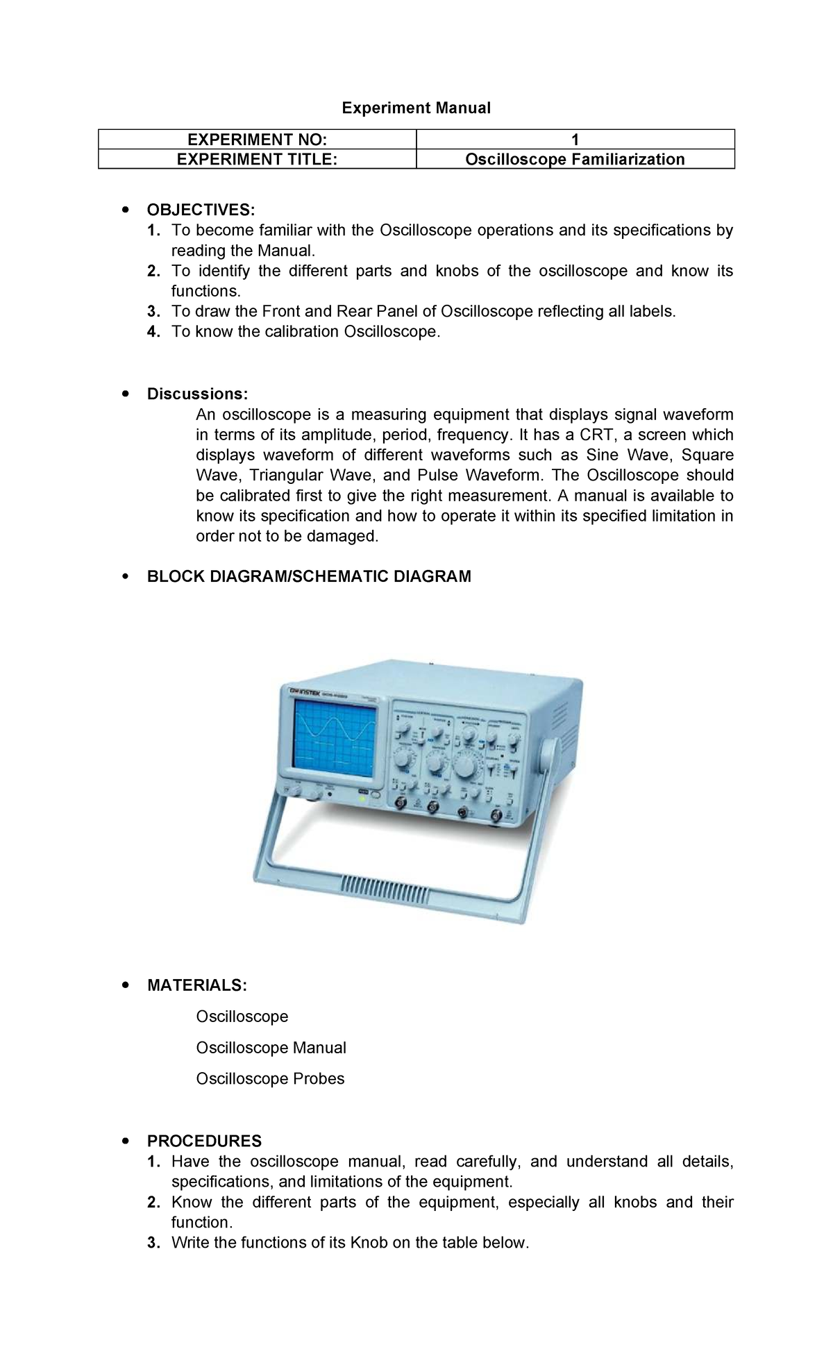 EDCT-Experiment-1: Oscilloscope Familiarization Manual - Studocu