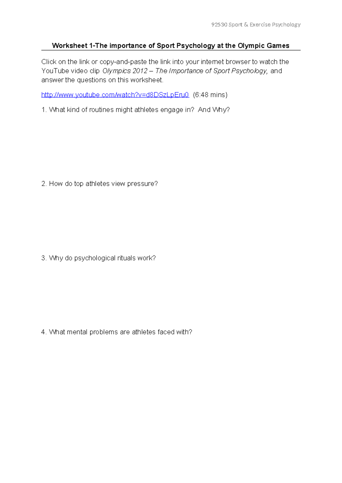 Week 1 Worksheet Intro to S&E Psych 2022 - 92530 Sport & Exercise ...