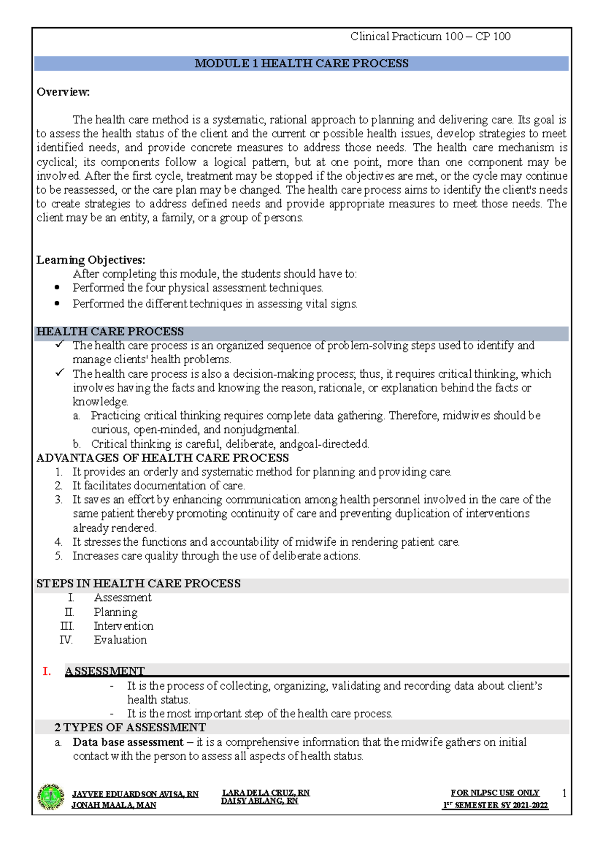 Module 1: Health CARE Process Overview and Assessment Techniques - Studocu