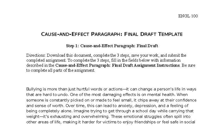 ENGL 100: Cause-and-Effect Paragraph Final Draft Template - Studocu