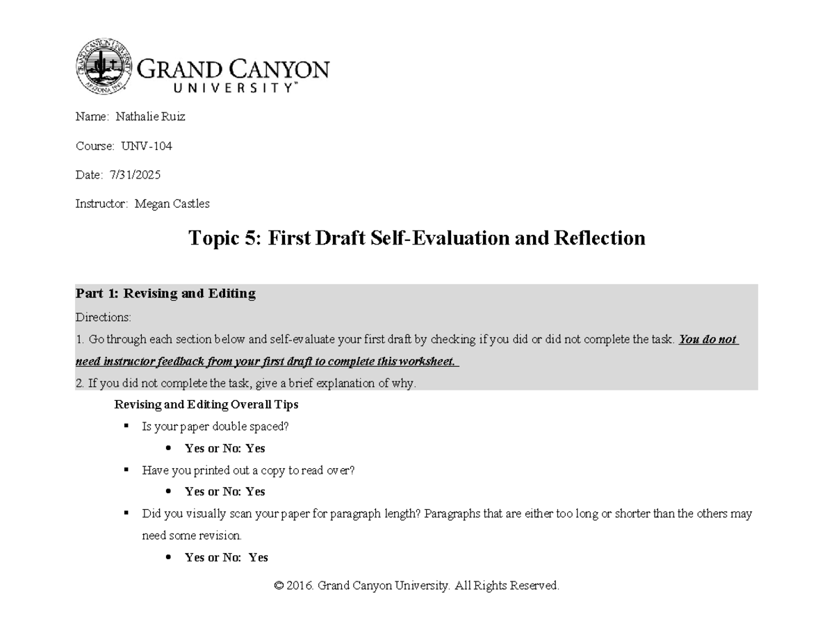 UNV-104 Self-Evaluation: First Draft Reflection and Revision Guide ...