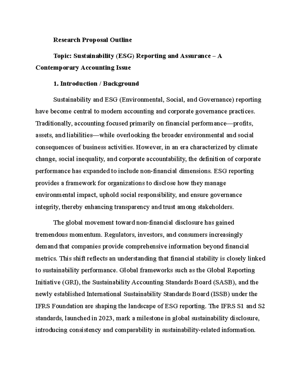 Research Proposal Outline: ESG Reporting & Assurance Challenges (ACCT ...