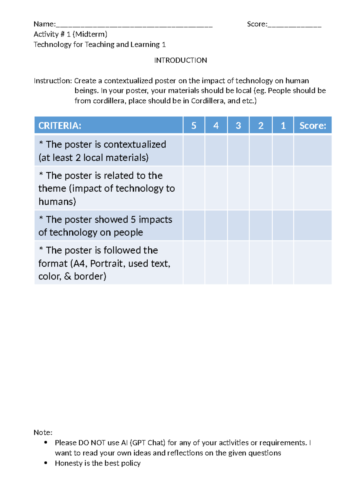 Activity 1 (Midterm) Impact of Technology on Humans Poster - Studocu