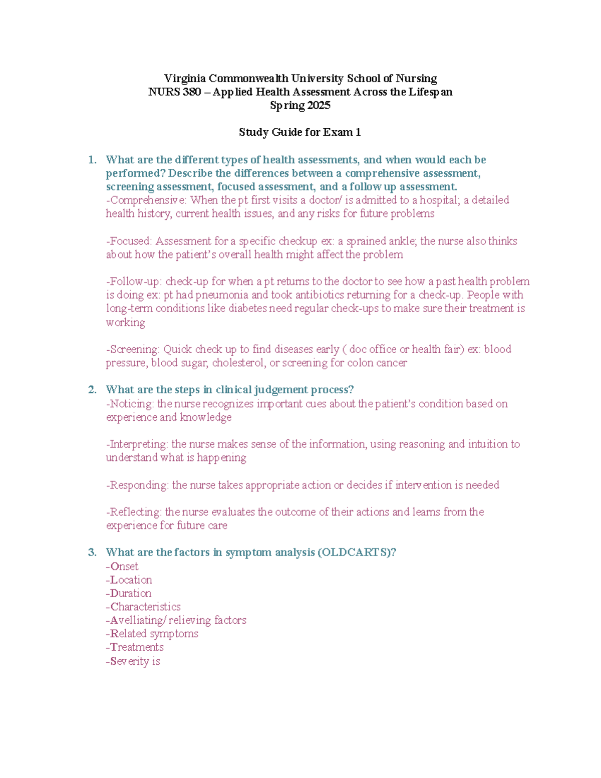 NURS 380 Spring 2025 Exam 1 Study Guide: Health Assessment Types & Techniques - Studocu