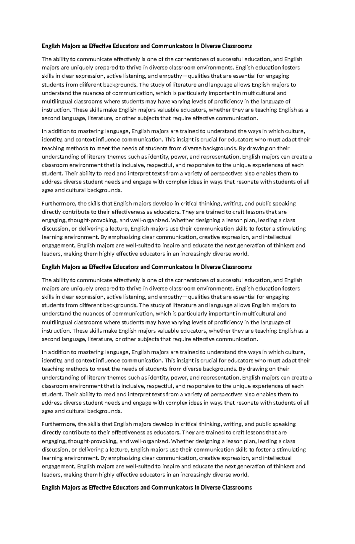 English Majors as Effective Educators and Communicators in Diverse ...