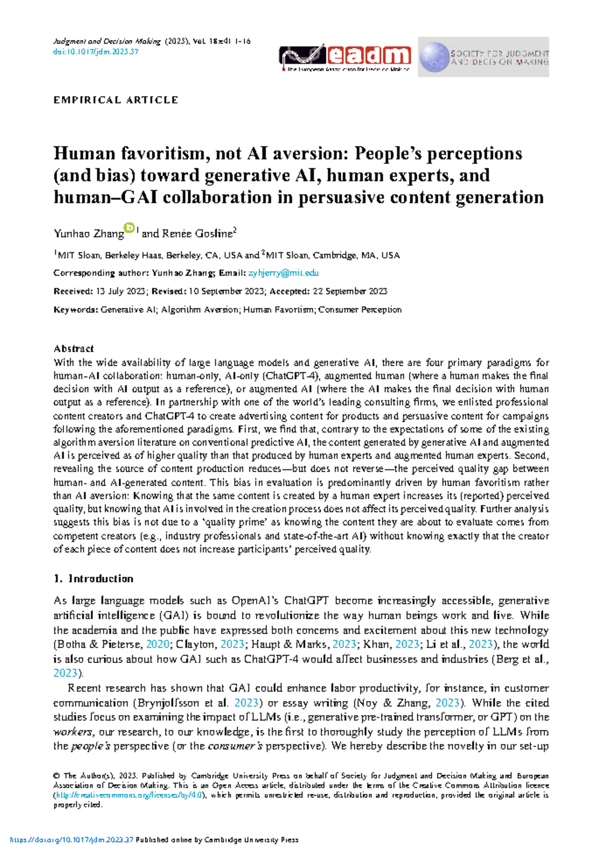 Judgment and Decision Making (2023) - Human Favoritism vs AI Aversion ...