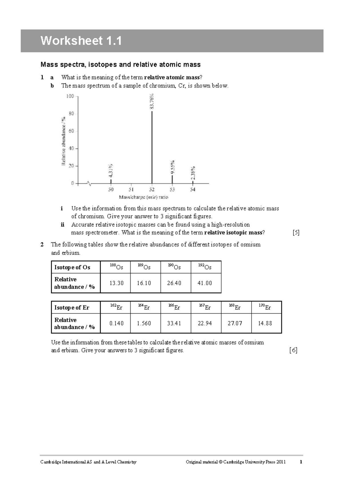 Mass Spectrometry Worksheet 1.1: Isotopes & Relative Atomic Mass - Studocu