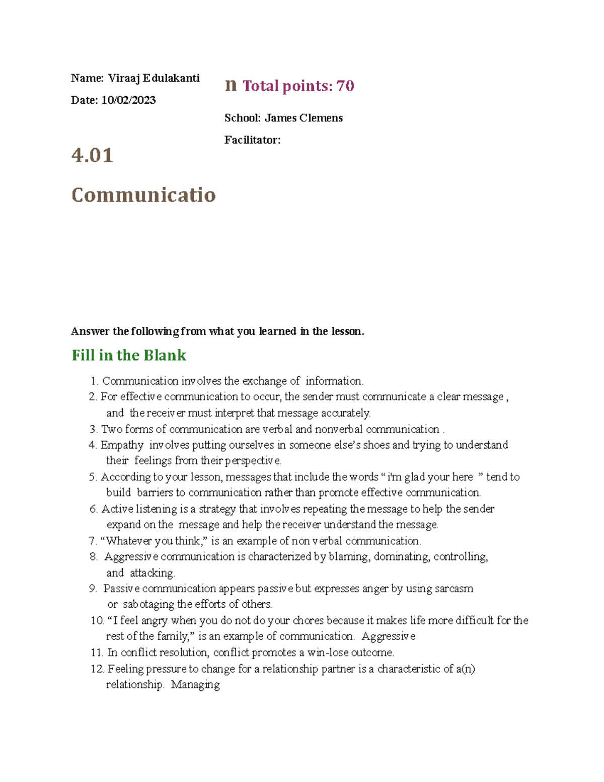 4.01 Communication - Homework Answers and Key Concepts - Studocu