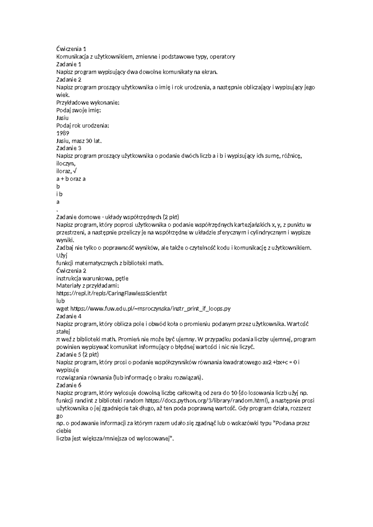 Ćwiczenia z Pythona: Zadania i Programowanie w Ćwiczeniach 1-2 - Studocu