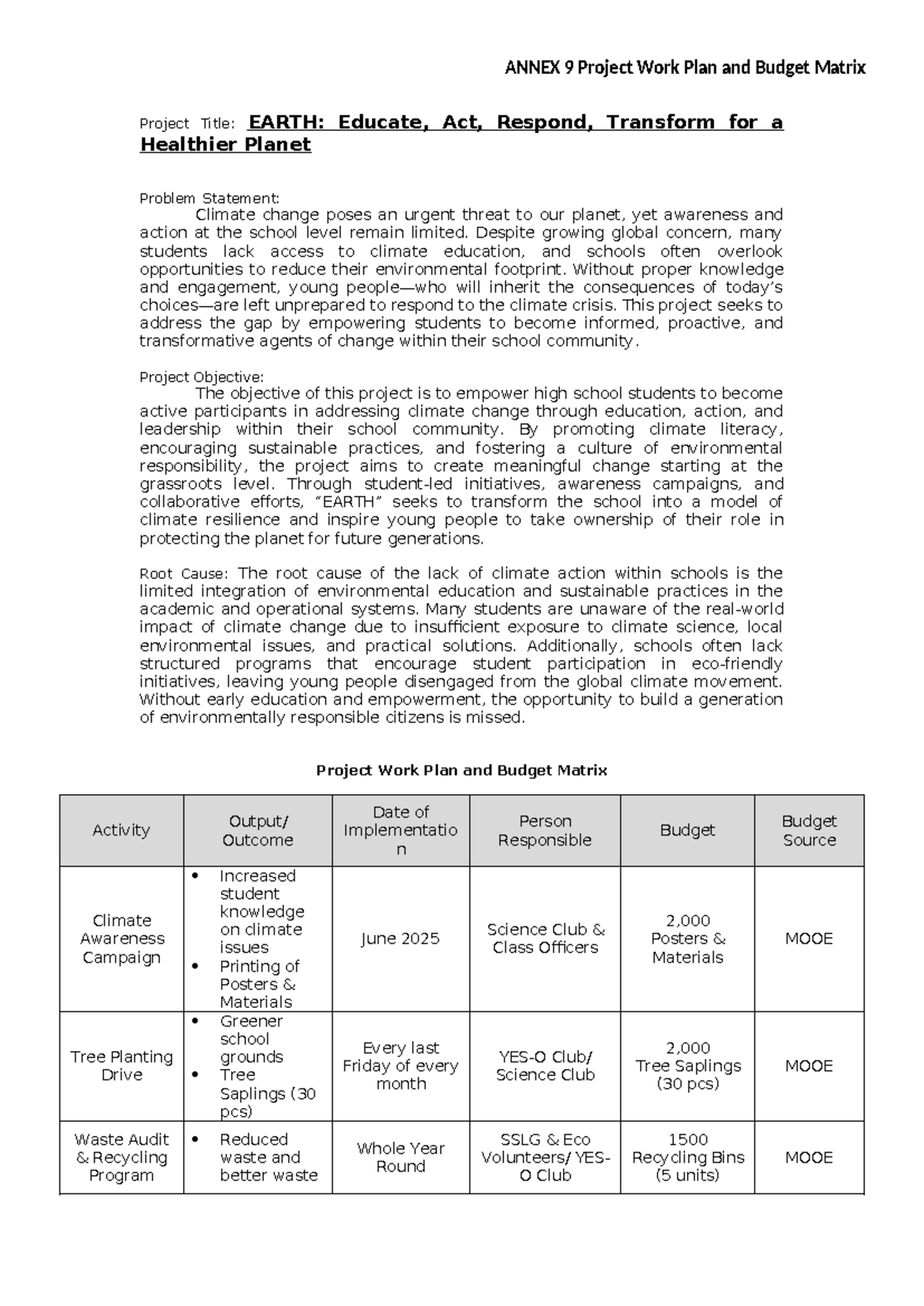 Project Work Plan & Budget Matrix for EARTH: Climate Change Initiative ...