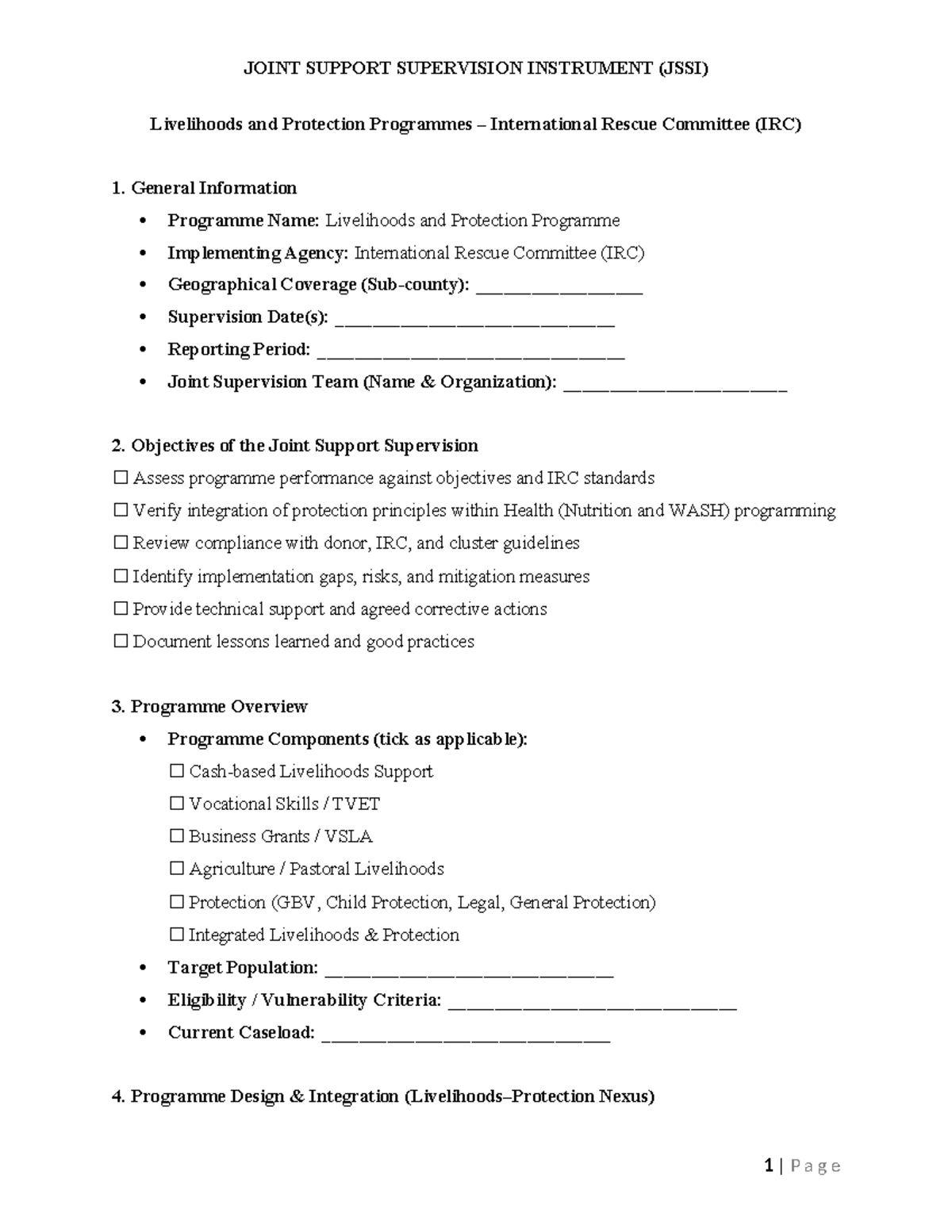 Joint Support Supervision Instrument (JSSI) for Livelihoods ...