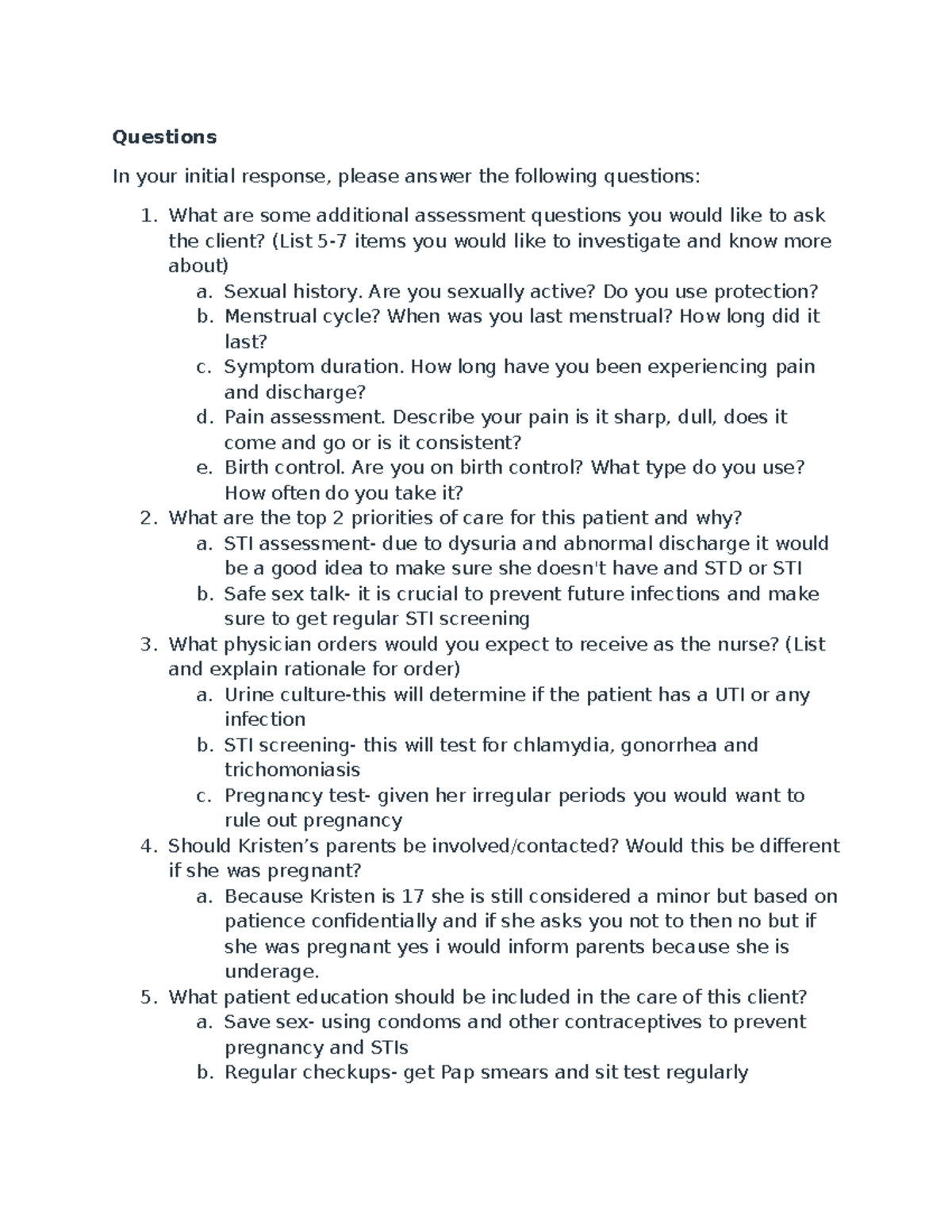 PEDS OB 101: Week 1 Discussion on Patient Assessment & Care Priorities - Studocu