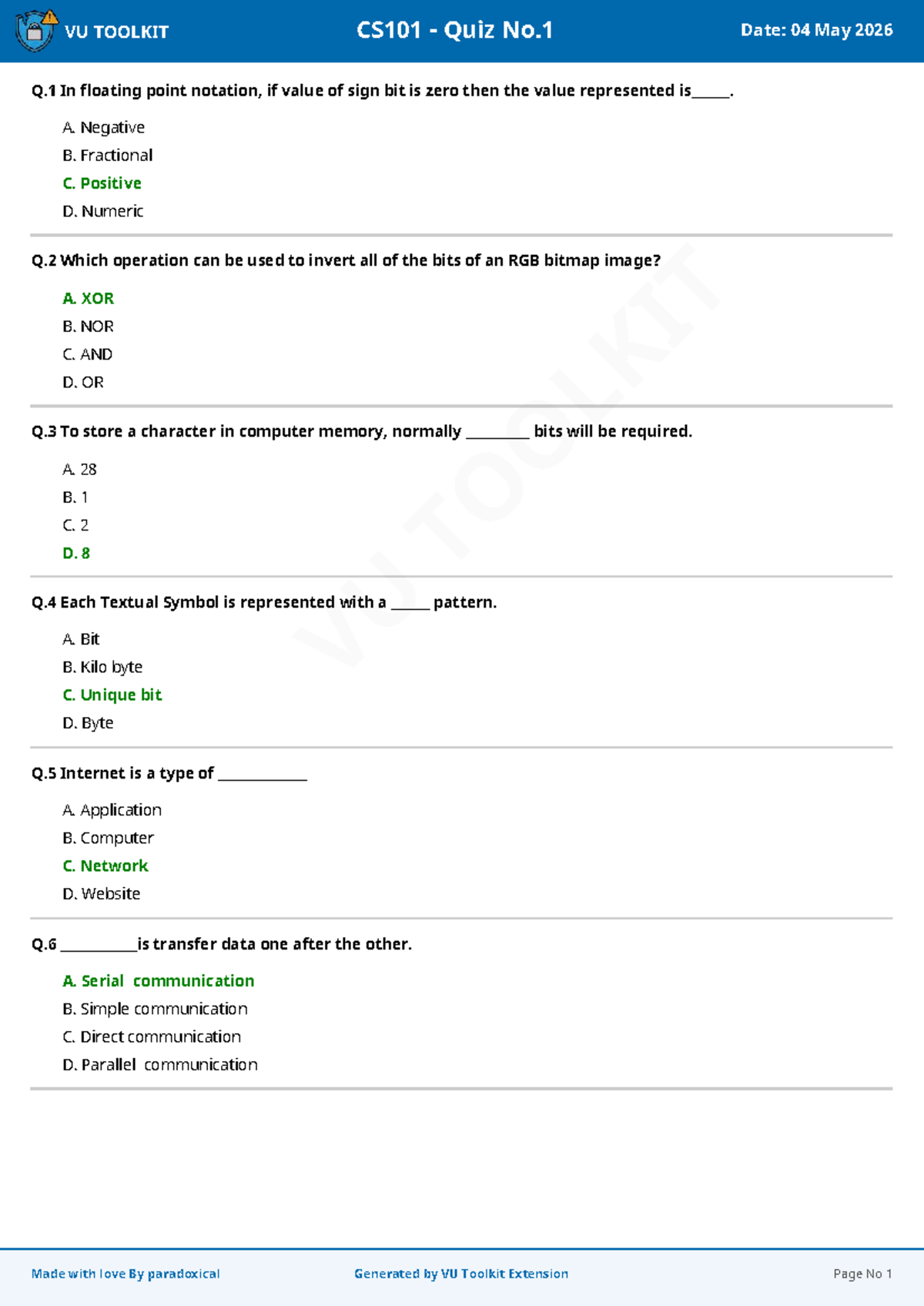CS101 Quiz No.1 - MCQs on Floating Point & Bit Operations - Studocu