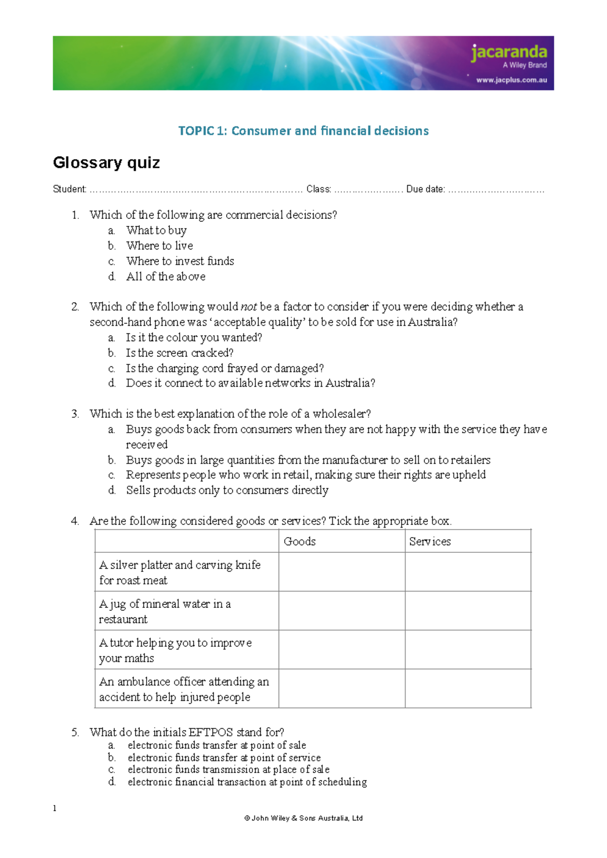 Commerce Quiz: Glossary Terms and Consumer Decisions - Studocu