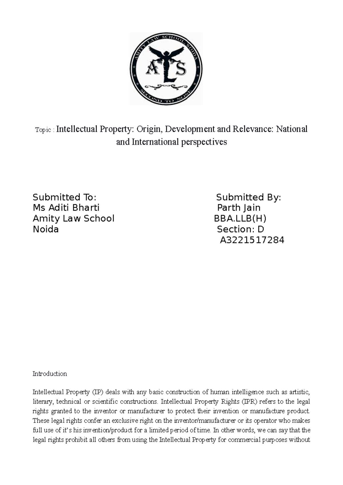 IPR Project Docx project work for the help for the students - Topic ...