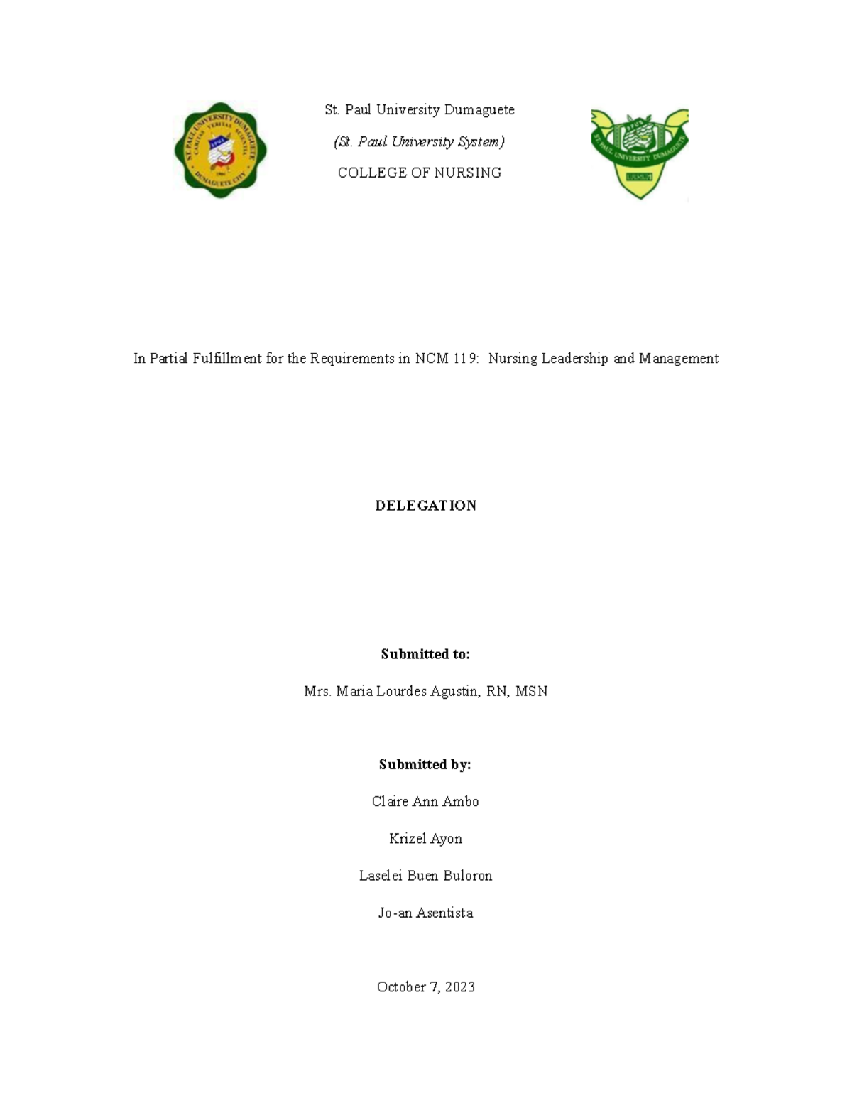 NCM 119: Delegation Strategies in Nursing Leadership and Management ...