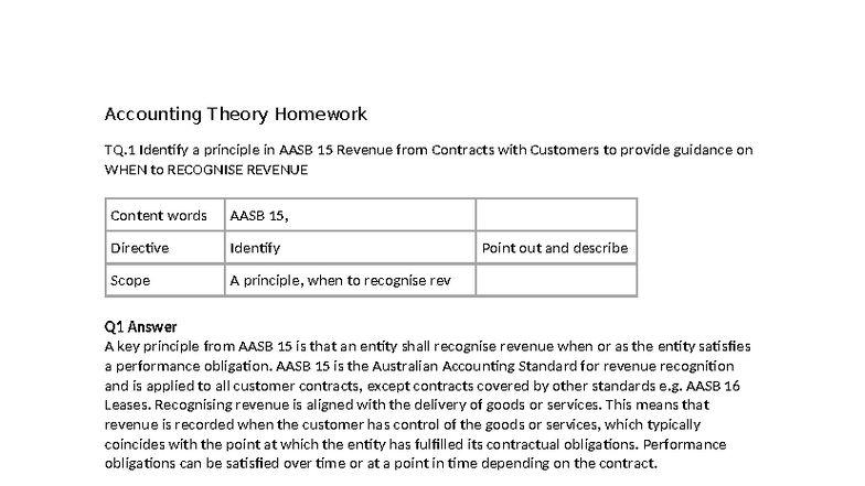 Accounting Theory Homework: AASB 15 Revenue Recognition Principles ...