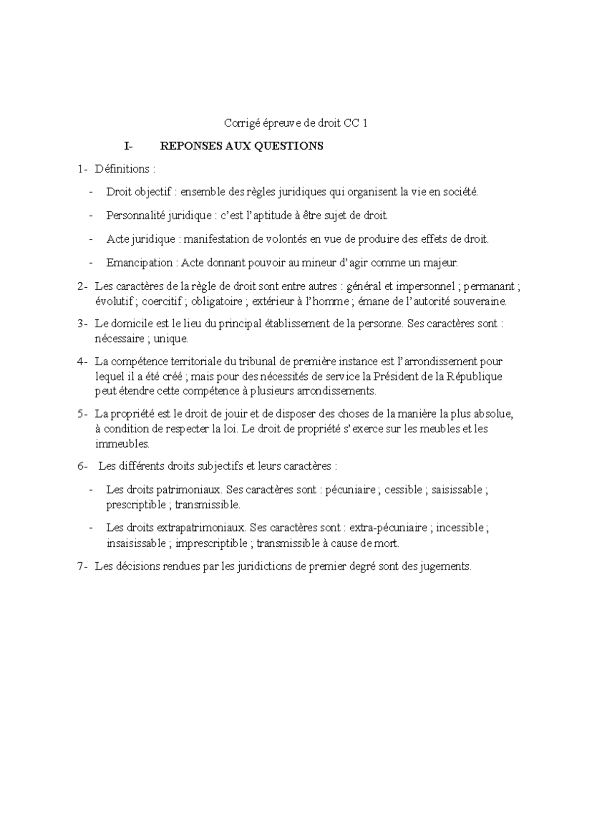 Corrigé Épreuve de Droit CC 1 : Réponses aux Questions et Définitions ...