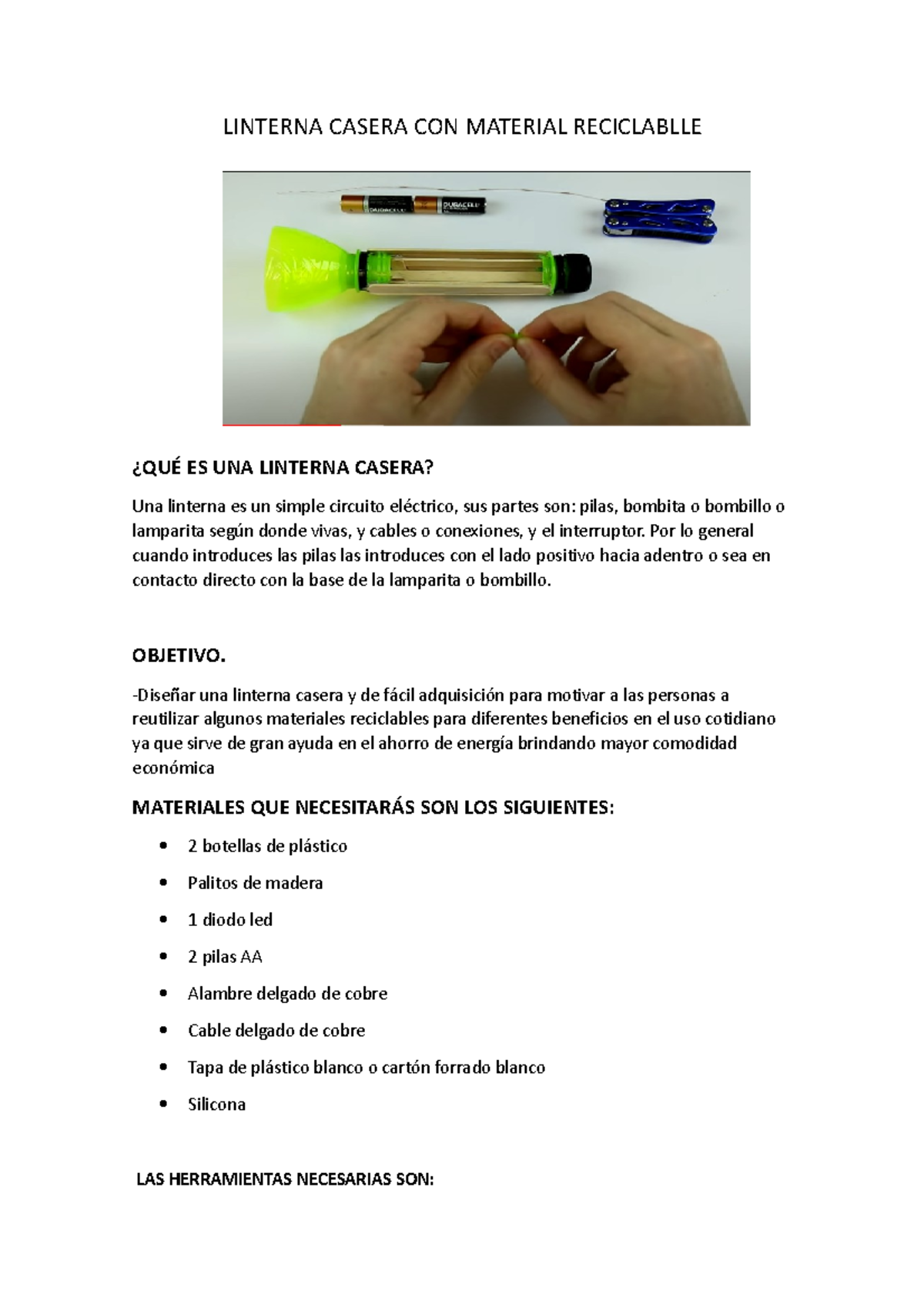 Proyecto: Construcción de Linterna Casera con Material Reciclable - Studocu